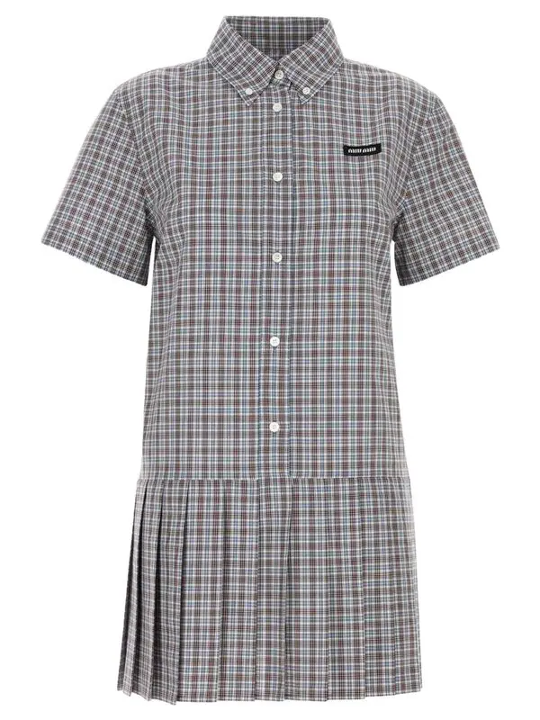Miu Miu Pleated Plaid Shirt Dress - Red