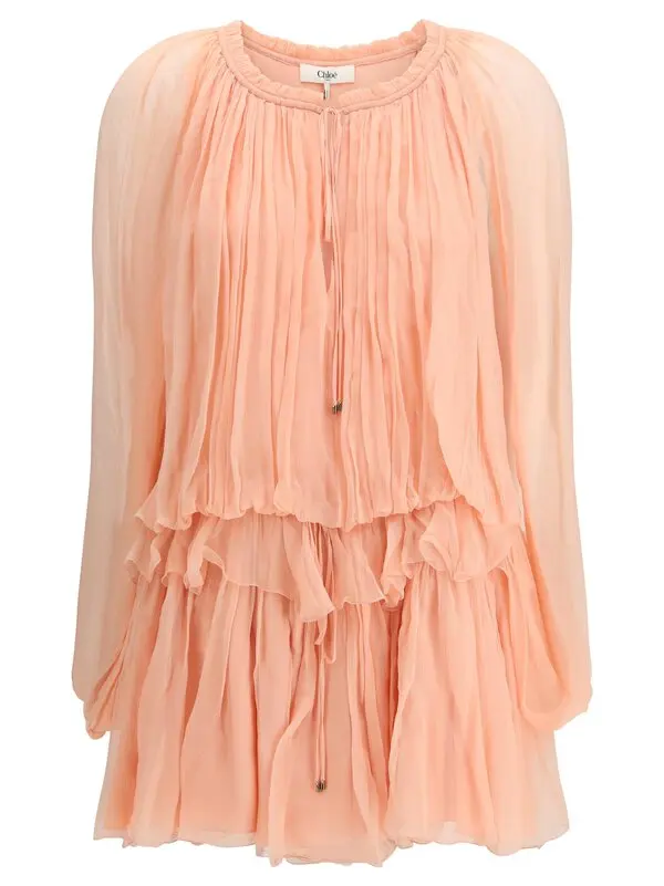 Chloé Mini Dress With Cape In Silk Muslin - Pink