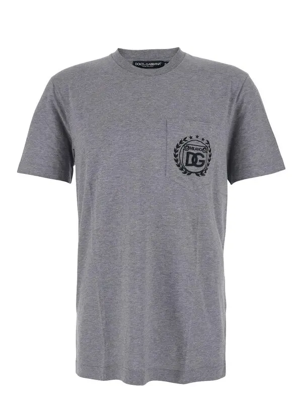 Dolce & Gabbana Grey Crewneck T-shirt With Logo Embroidery On The Front In Cotton - Gray