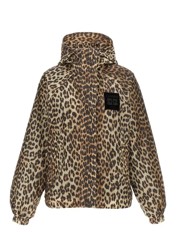 GANNI Leopard Print Recycled Nylon Hooded Windbreaker - Multicolor