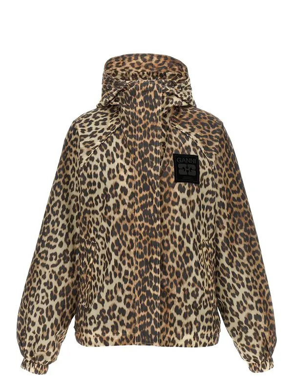 GANNI Leopard Print Recycled Nylon Hooded Windbreaker - Multicolor