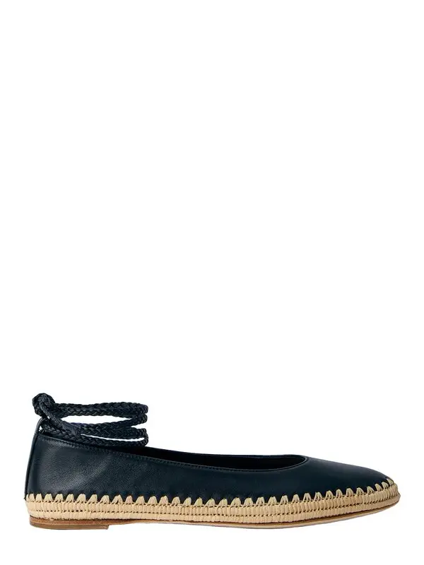 Max Mara Leather Braided Ankle Strap Espadrille Flats - Black