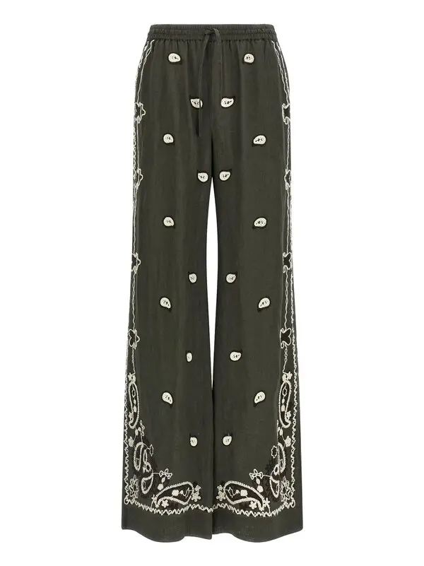 P.a.r.o.s.h Beach26' Wide Leg Linen Pants With All-over Embroidery - Green