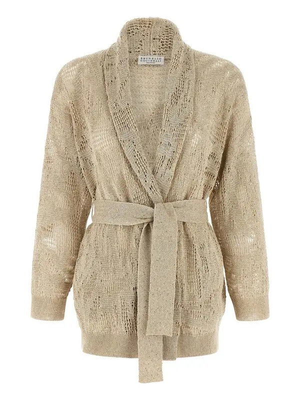 Brunello Cucinelli Linen And Cotton Blend Crochet Cardigan With Sequin Application - Cream