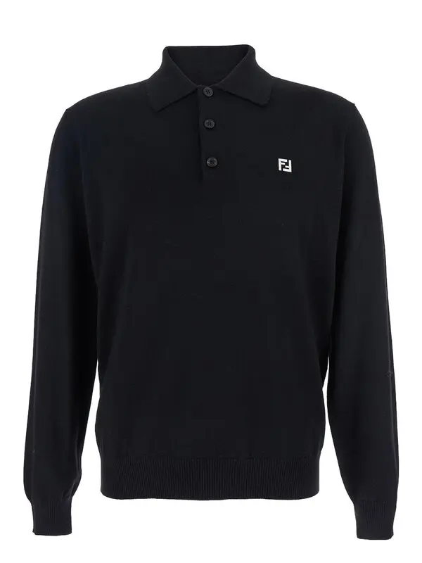 Fendi Long-sleeve Polo Shirt With Classic Collar And Ff Plaque On The Front In Wool - Black