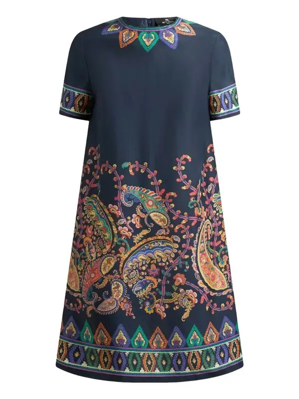 Etro Silk Mini Tunic Dress With Placed Floral Paisley Print - Blue