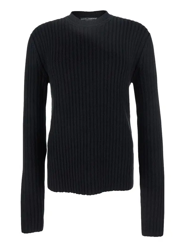 Dolce & Gabbana Black Ribbed Knit Wool Crewneck Sweater With Rear Logo Patch - Multicolor