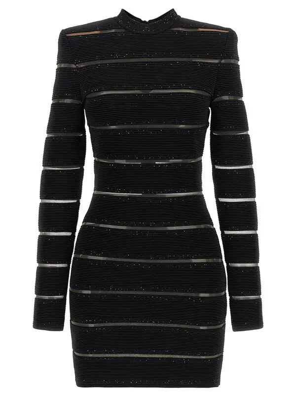 Balmain Bodycon Mini Dress With Sequin Appliqué And Mesh Inserts - Black