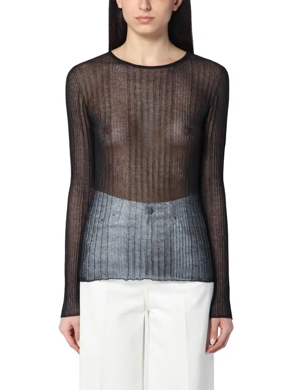 ROBERTO COLLINA Semi-transparent Ribbed Crew Neck Sweater - Black