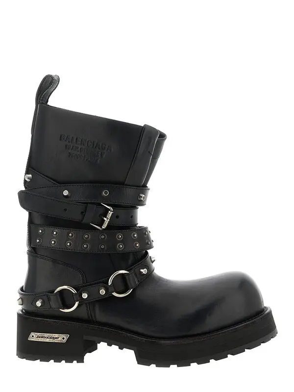 Balenciaga Venom City" Calfskin Leather Ankle Boots With Buckles And Studs - Black
