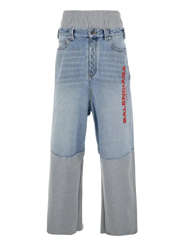 Balenciaga Light Blue Denim Jeans With Fleece Inserts And Logo Lettering - Multicolor
