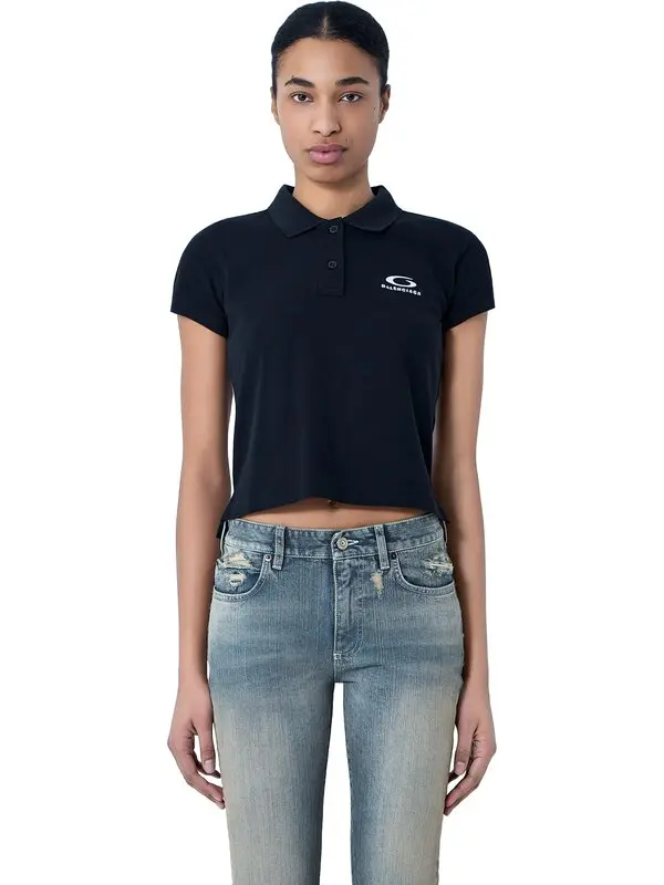 Balenciaga Cropped Polo Shirt With Logo Motif - Black