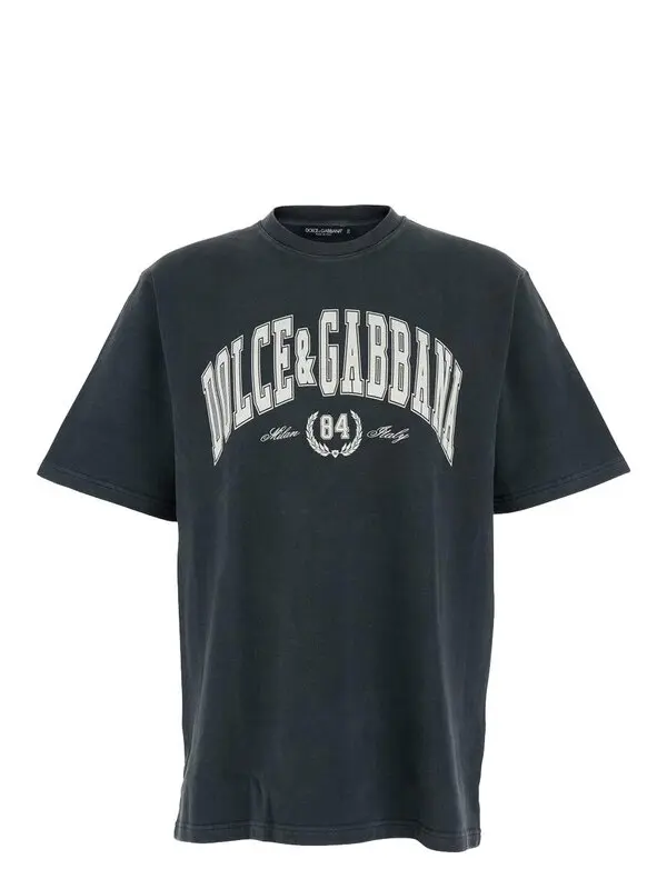 Dolce & Gabbana Dark Grey Crewneck T-shirt With Logo Lettering Print On The Front In Cotton - Multicolor