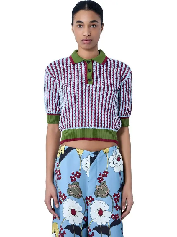 Marni Textured Knit Cropped Polo Sweater - White