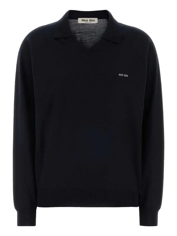 Miu Miu Virgin Wool Sweater With Lapel Neck - Blue