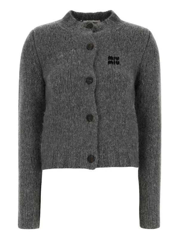 Miu Miu Cashmere Cardigan With Embroidered Logo - Gray
