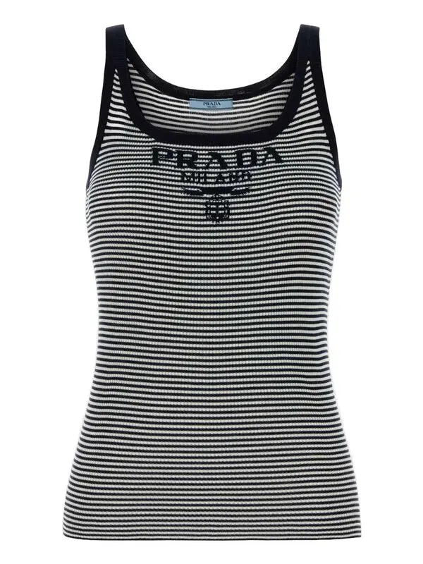 Prada Striped Ribbed Tank Top With Logo Detail - Blue