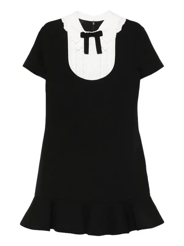 SELF-PORTRAIT Cotton Blend Dress With Ruffle Hem And Bow Detail - Black