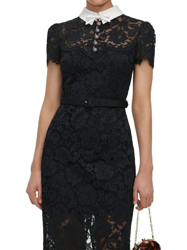 SELF-PORTRAIT Cotton Blend Dress With Ruffle Hem And Bow Detail - Black