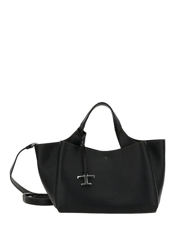 TOD'S Black Leather Handbag With Embossed Logo And T Timeless Pendant - Multicolor