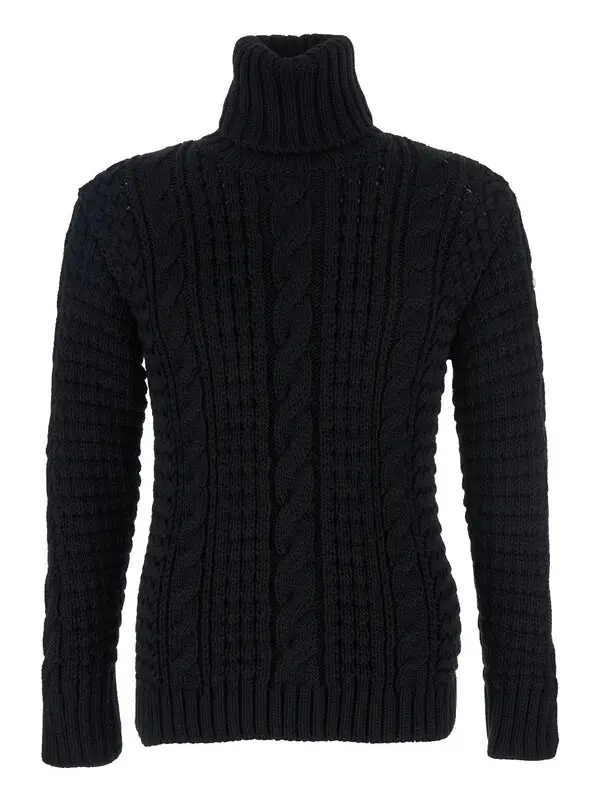 Moncler Black Merino Wool Cable Knit Turtleneck Jumper With Logo Patch - Multicolor
