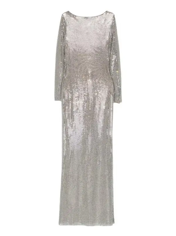 SELF-PORTRAIT Embellished Round Neck Long Sleeve Gown - Silver
