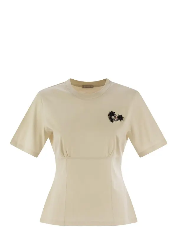Moncler Cotton T-shirt With Beaded Floral Embellishment - Cream