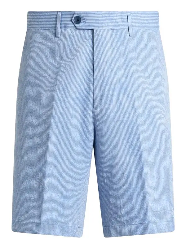 Etro Striped Cotton Jacquard Shorts With Floral Paisley Motif - Blue