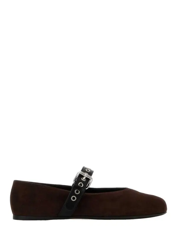 Miu Miu Suede Ballet Flat With Buckled Strap - Brown