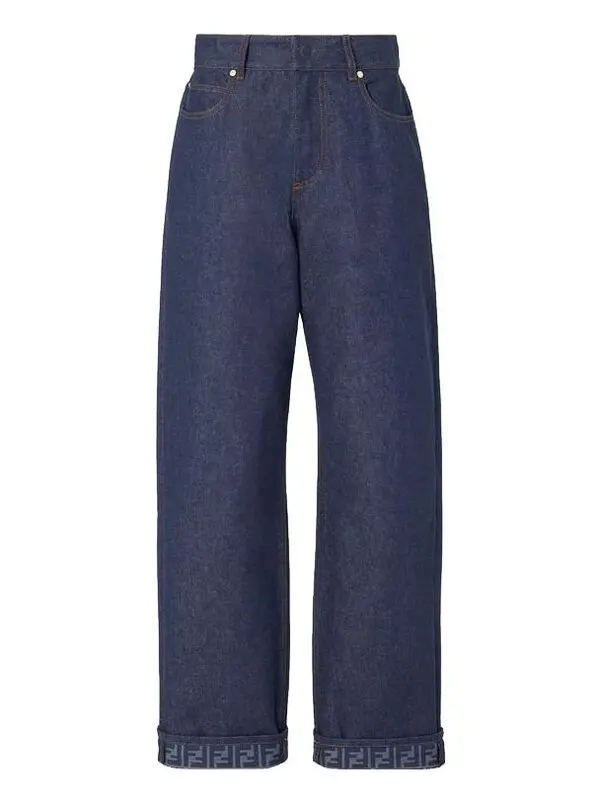 Fendi Navy Logo Trim Straight-leg Jeans - Blue