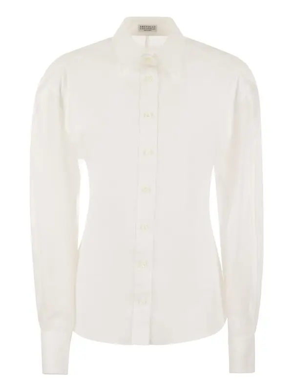 Brunello Cucinelli Stretch Cotton Poplin Shirt With Cotton Organza Sleeves And Necklace - White
