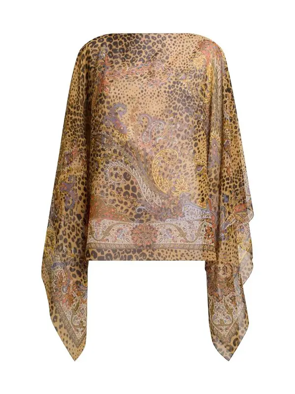 Etro Silk Poncho Top With Paisley And Animal Print - Multicolor