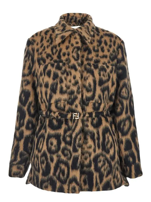 Fendi Leopard Motif Wool Blend Coat With Ff Buckled Belt - Multicolor