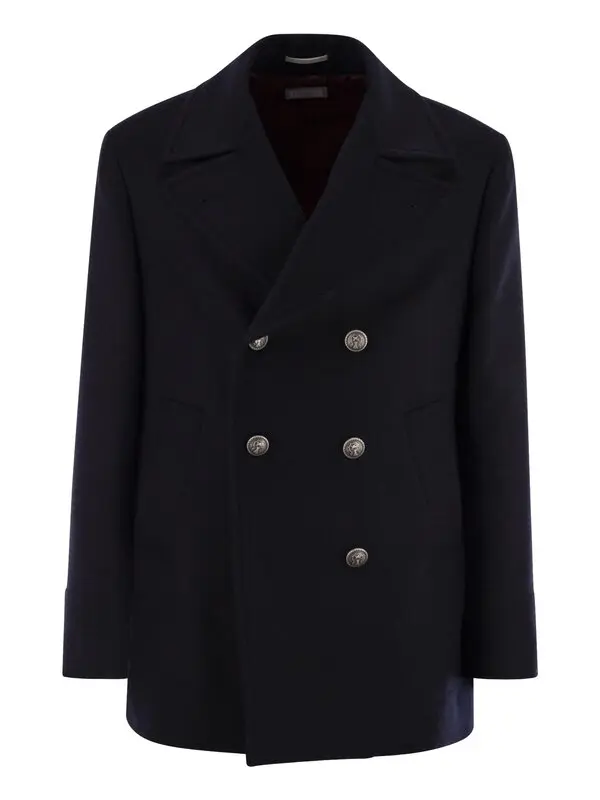 Brunello Cucinelli Double Wool Flannel Pea Coat With Metal Buttons - Multicolor
