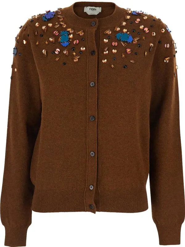Fendi Wool And Cashmere Crewneck Cardigan With Rhinestone Embroidery - Multicolor
