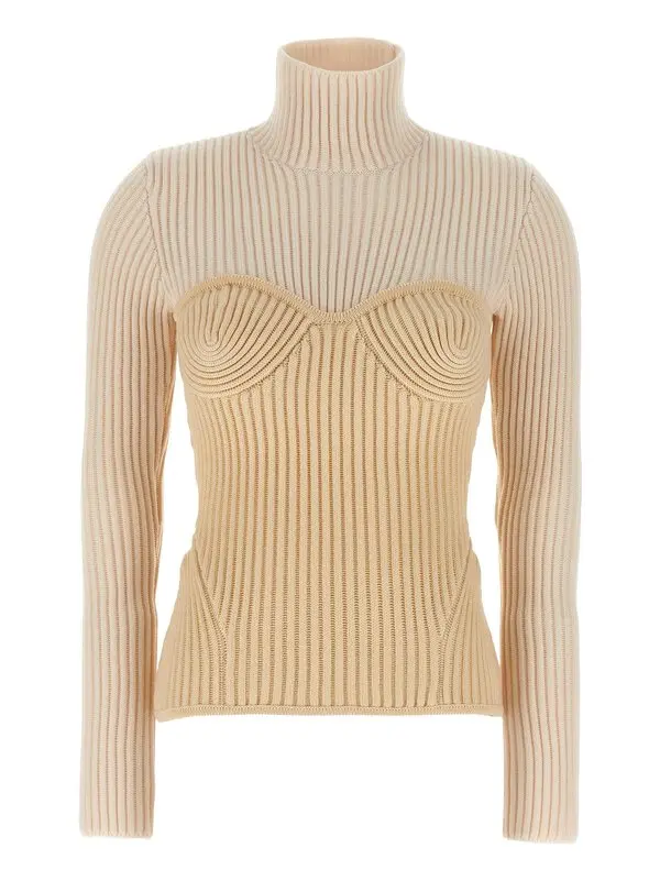 JEAN PAUL GAULTIER Ribbed Merino Wool Corset Sweater - Cream