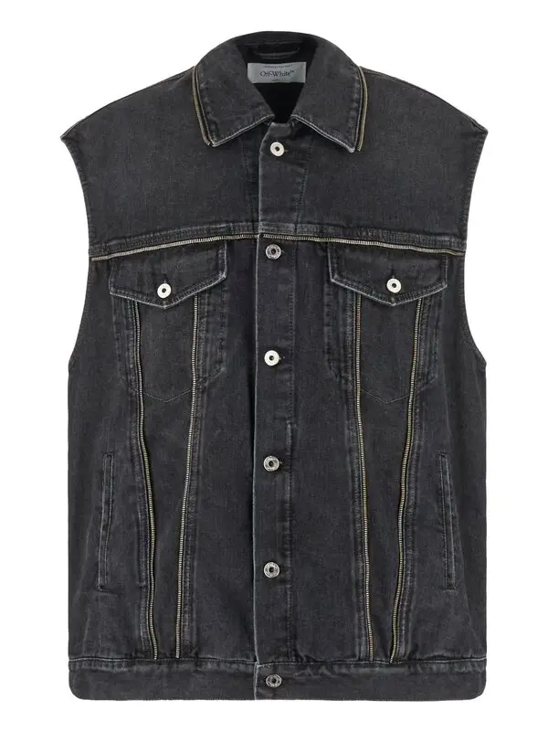 Off-White Denim Vest With Zip Details - Multicolor