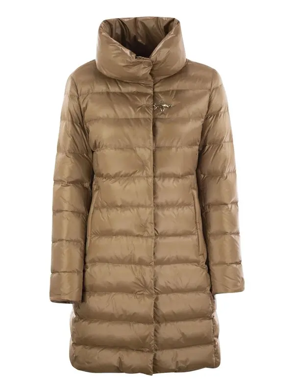 FAY Long Down Jacket With High Collar And Signature Hook Closure - Brown