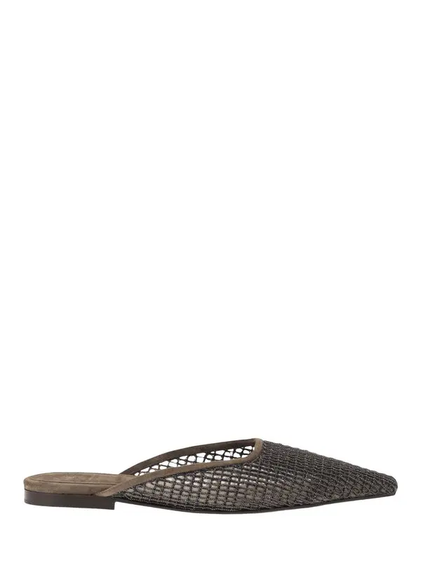 Brunello Cucinelli Suede Mules With Precious Net Embroidery - Brown