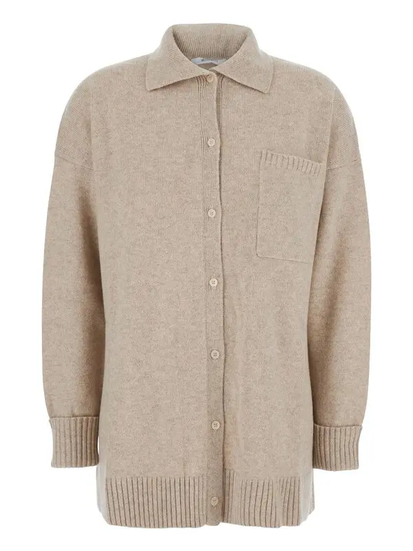 Max Mara Beige Cashmere Cardigan With Classic Collar And Patch Pocket - Multicolor