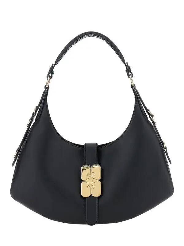 GANNI Kat Piccola' Shoulder Bag In Black Leather With Gold-tone Logo Plate - Multicolor