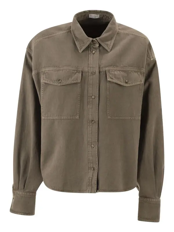 Brunello Cucinelli Shirt In Garment-dyed Cotton And Linen Blend - Brown