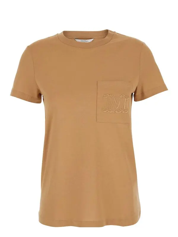 Max Mara Papaia Cotton Crewneck T-shirt With Embroidered Logo Pocket - Cream