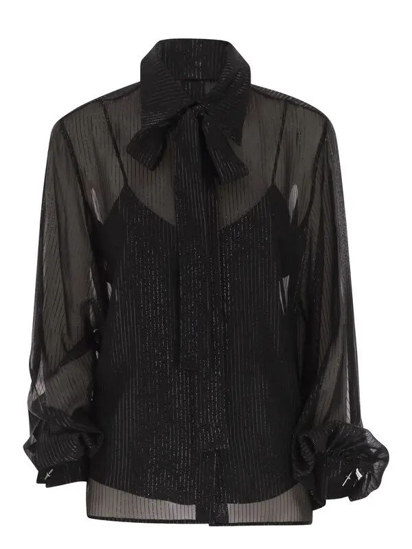 Max Mara Silk Chiffon Blouse With Lamé Stripe And Removable Tie - Black
