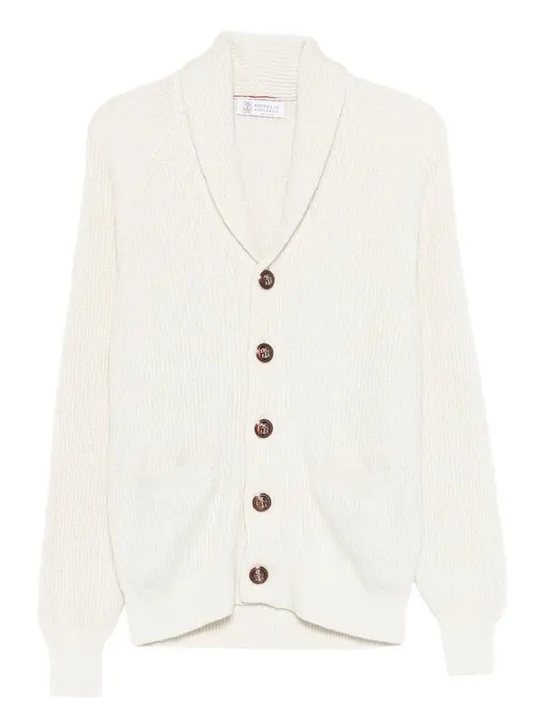Brunello Cucinelli Shawl Collar Ribbed Cotton Cardigan - Cream