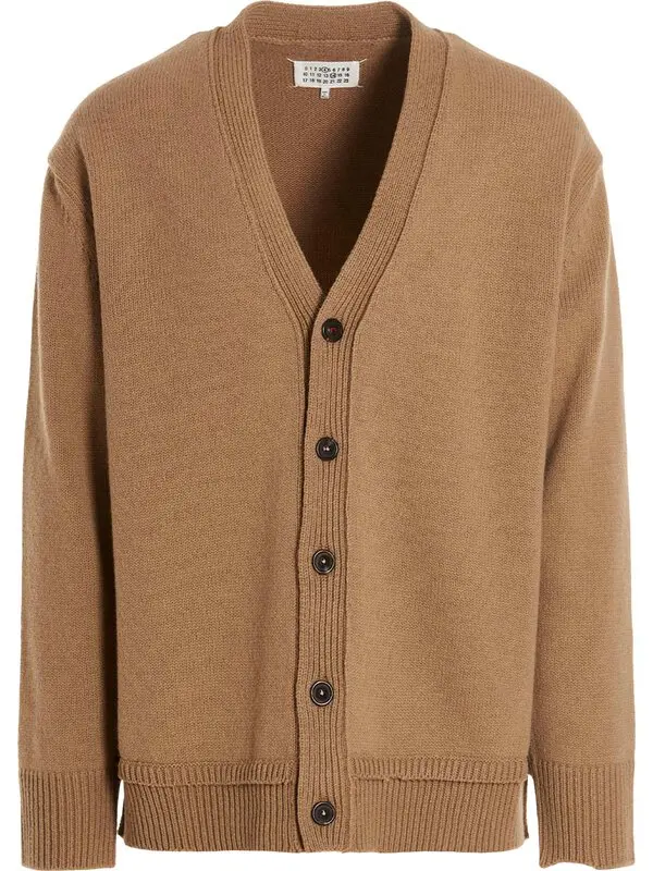 MAISON MARGIELA Wool Blend V-neck Cardigan With Suede Elbow Patches - Cream