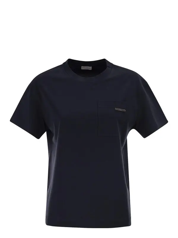 Brunello Cucinelli Cotton Jersey T-shirt With Embellished Pocket - Blue