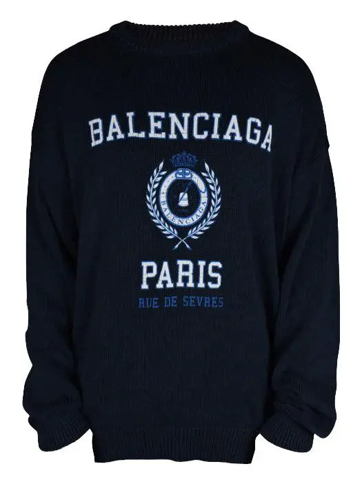 Balenciaga Navy Logo Print Knit Sweater - Blue