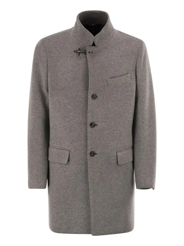 FAY Wool Blend Herringbone Stand-up Collar Coat - Gray