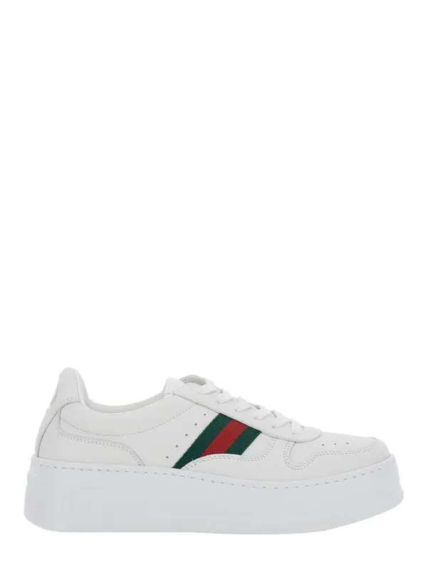 Gucci White Leather Sneakers With Web Detail And Oversized Sole - Multicolor